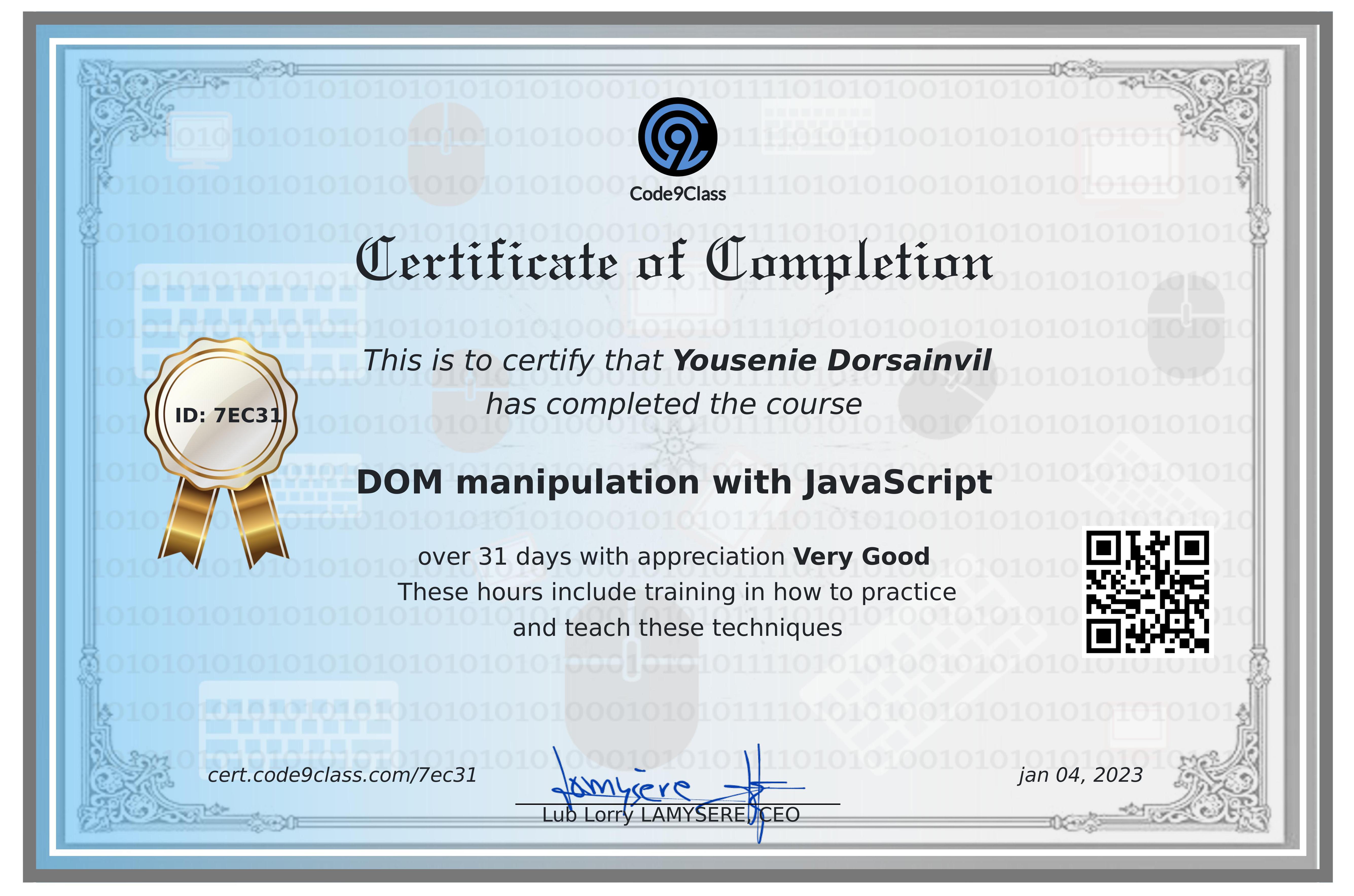 Certificate of completion of Yousenie Dorsainvil | DOM manipulation ...